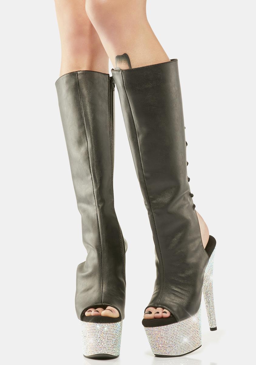 Pleaser Knee High Rhinestone Stiletto Platform Heels - Black – Dolls Kill