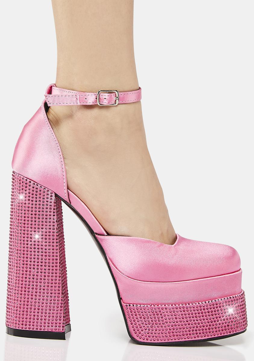Satin Rhinestone Ankle Strap Heels - Pink – Dolls Kill