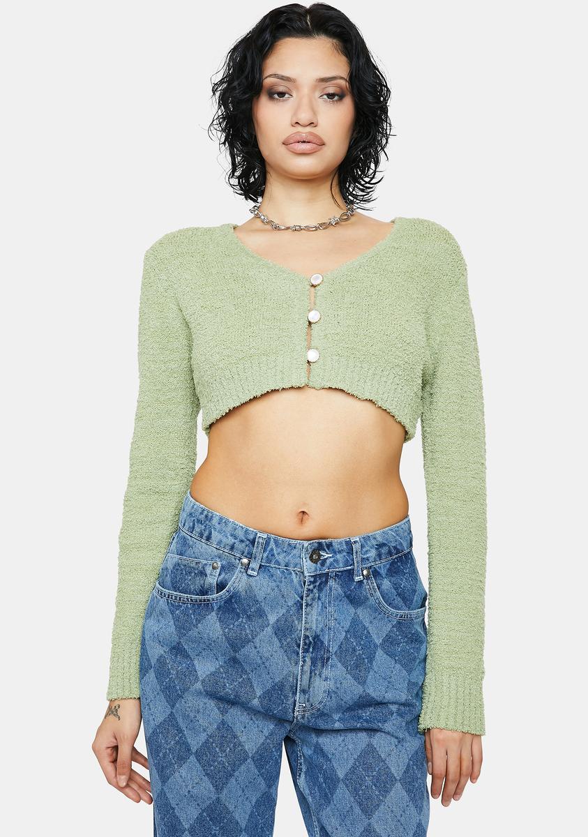 Pretty Garbage Knit Long Sleeve Cropped Button Up Cardigan Green ...
