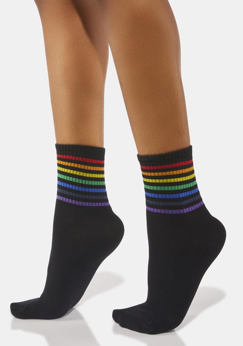 Ribbed Knit Rainbow Stripe Crew Socks - Black – Dolls Kill