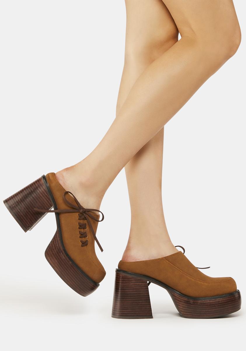 Delia's Faux Suede Lace Up Platform Mules - Brown – Dolls Kill