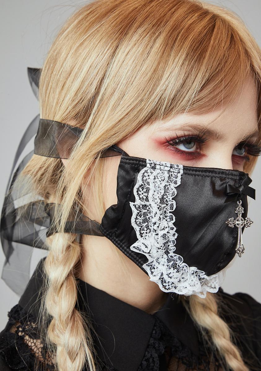 Widow Satin Lace Trim Face Mask With Cross Charm - Black – Dolls Kill