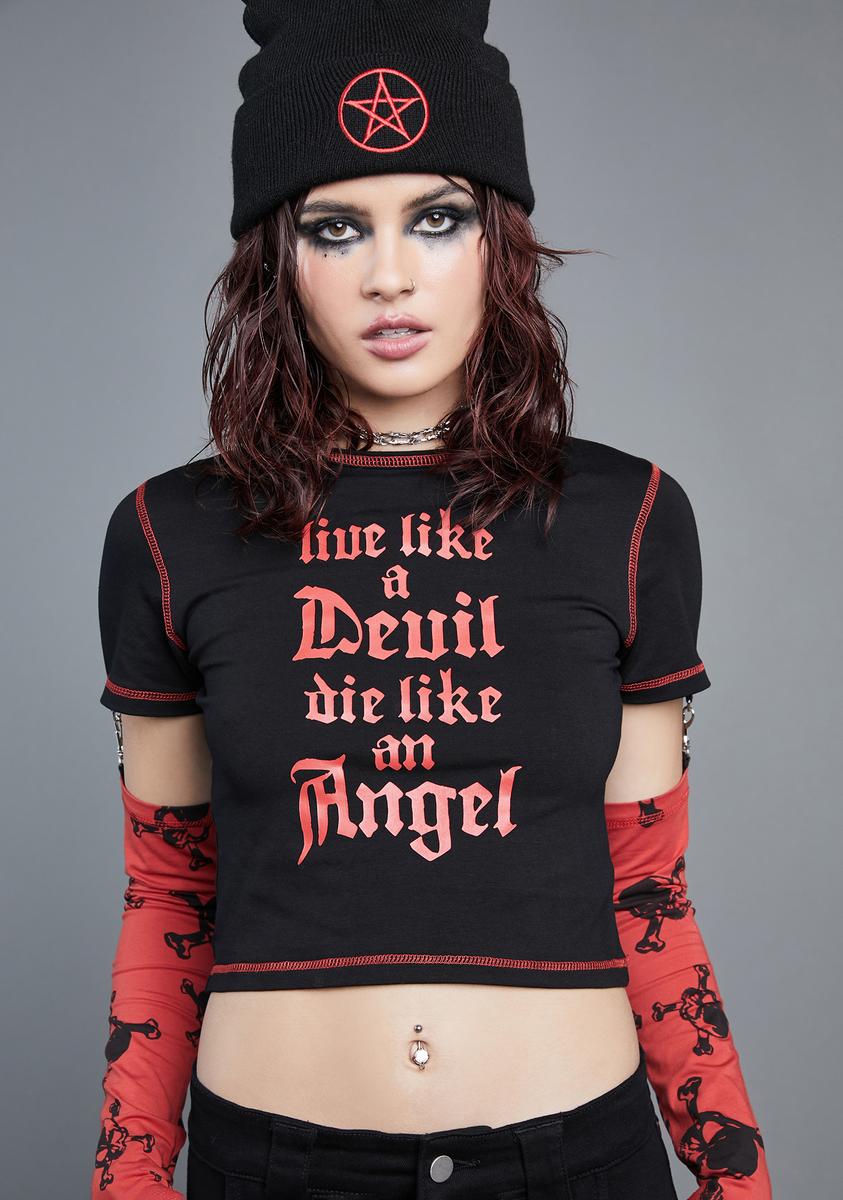Widow Graphic Devil Angel Crop Top With Detachable Sleeves - Black ...