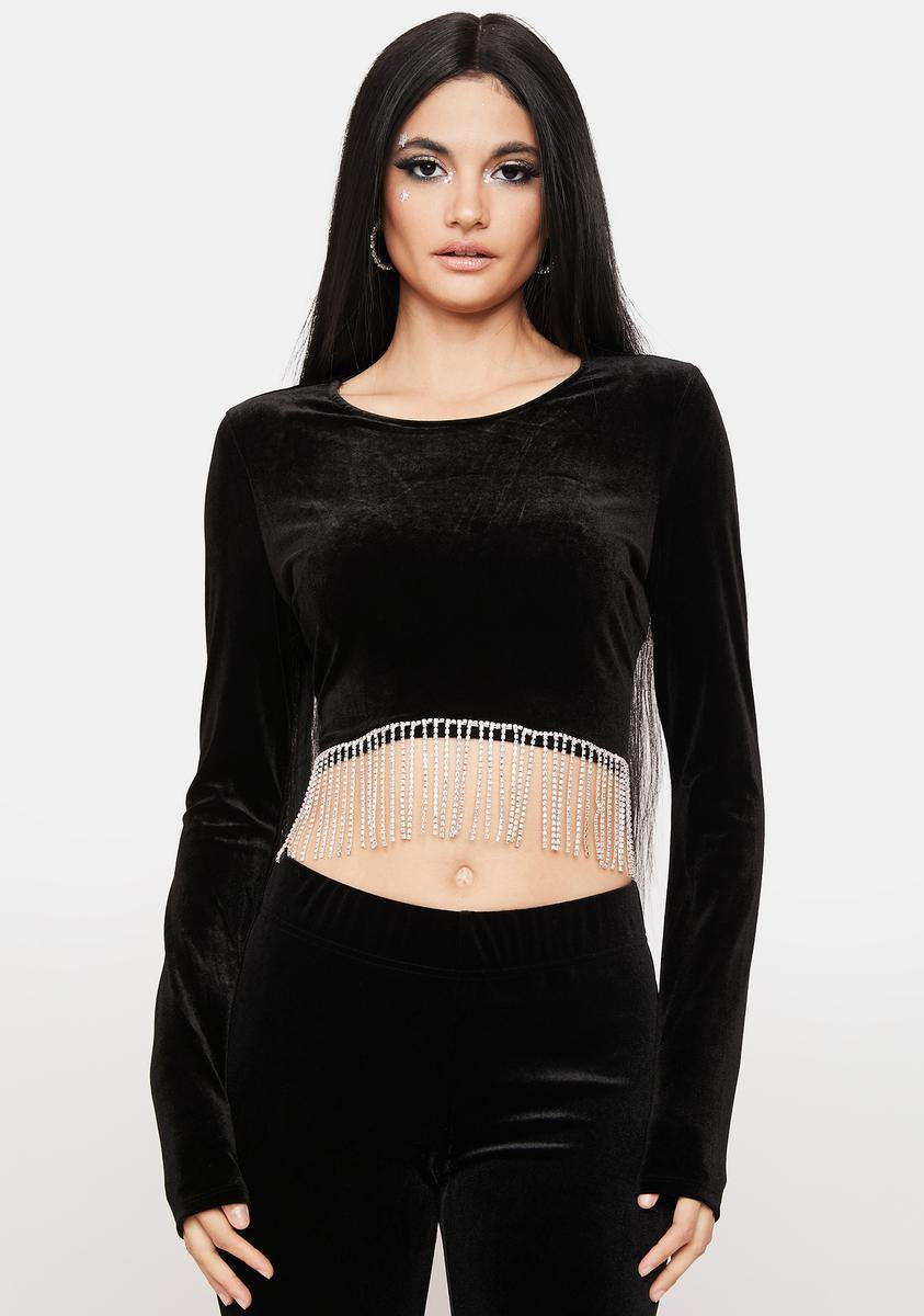 Velvet Long Sleeve Crop Top With Rhinestone Fringe - Black – Dolls Kill
