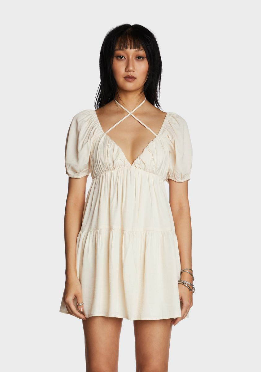 Puff Sleeve Ruched Mini Dress - Light Brown – Dolls Kill