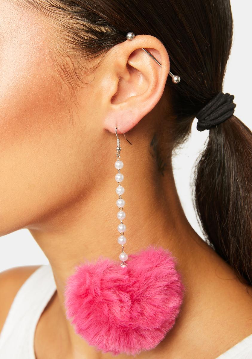 Fuzzy Heart Drop Down Earrings - Pink – Dolls Kill