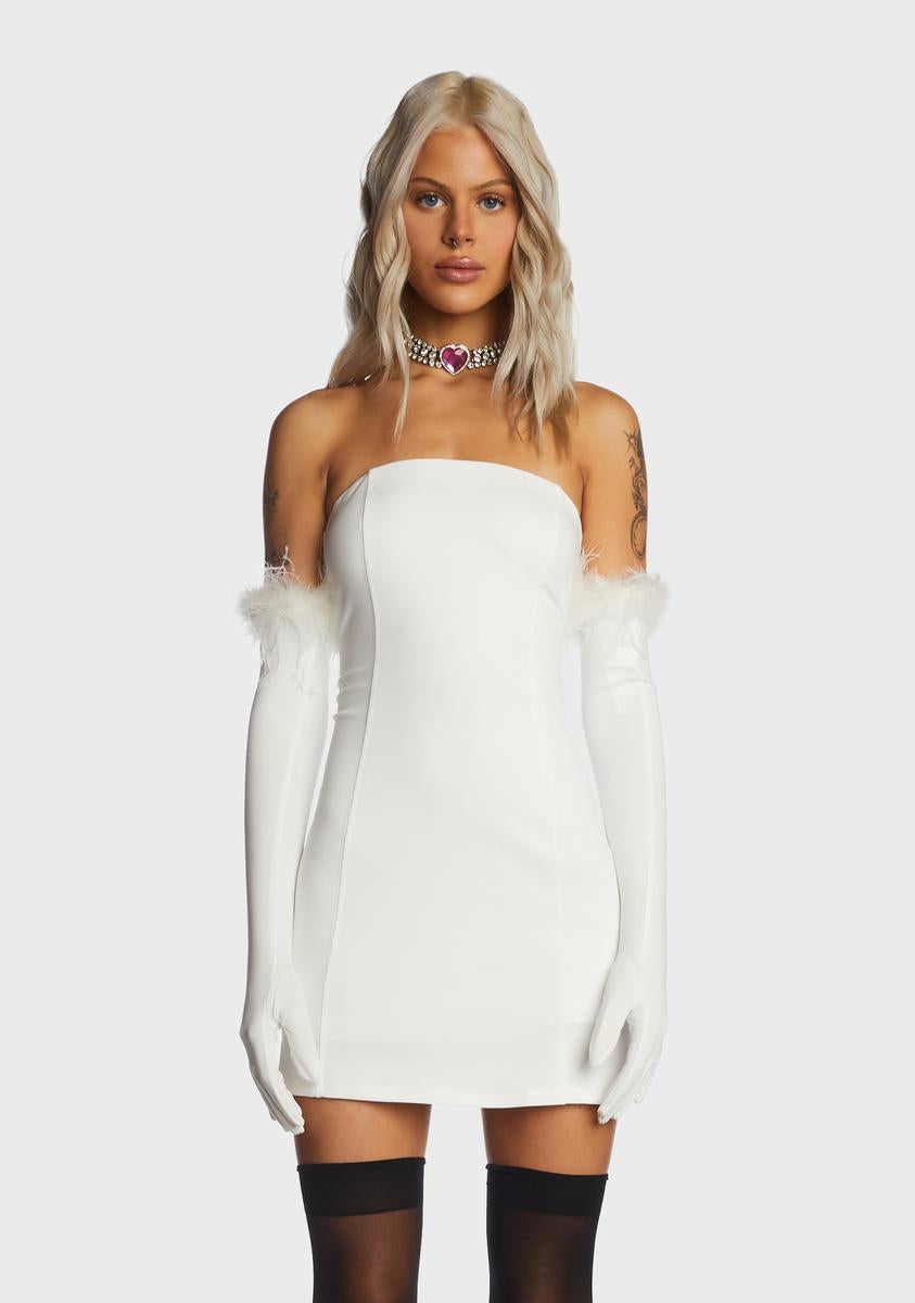 Kiki Riki Tube Top Mini Dress And Marabou Gloves Set - Off White ...
