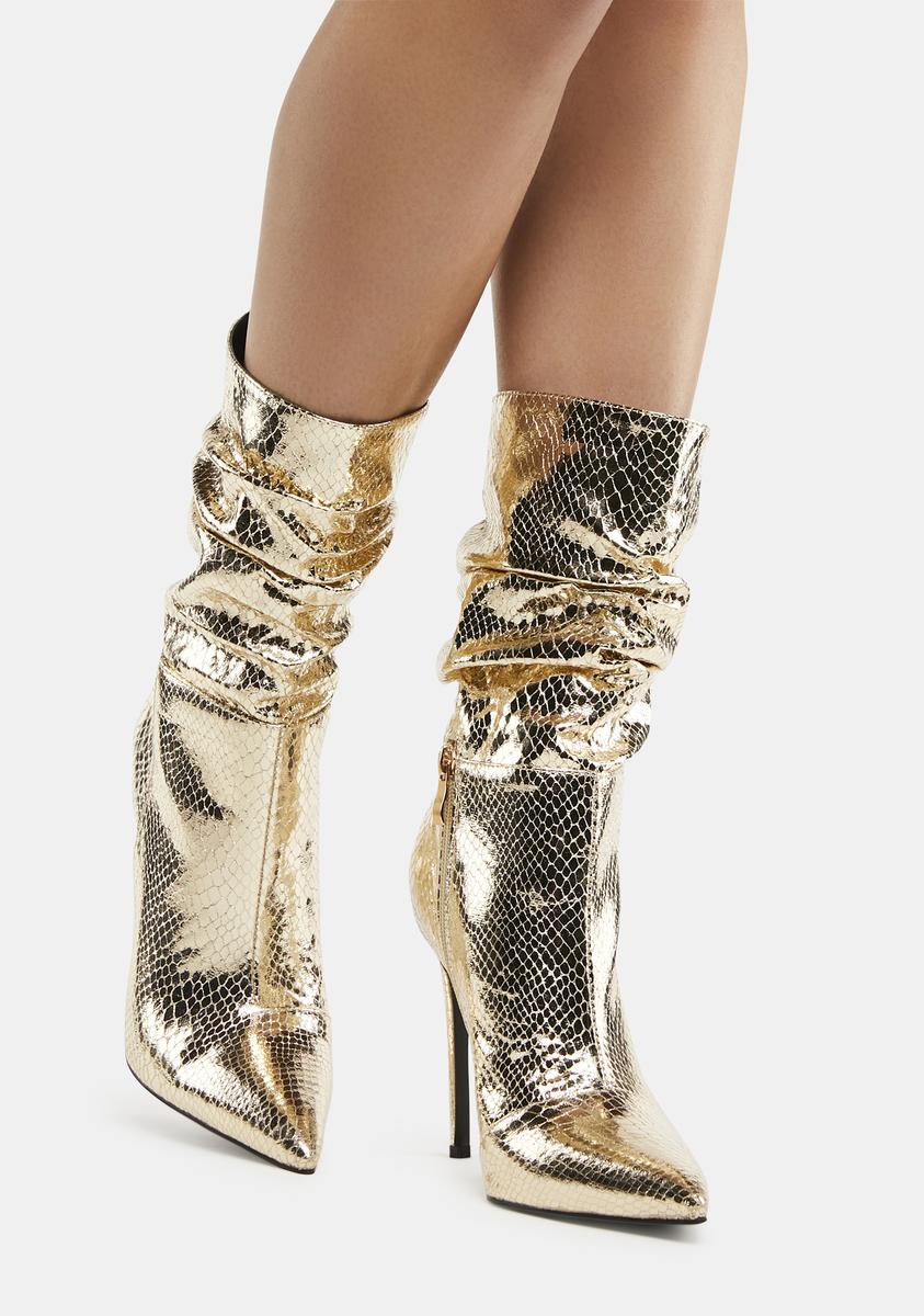 AZALEA WANG Metallic Snake Vegan Leather Slouch Stiletto Booties - Gold – Dolls Kill