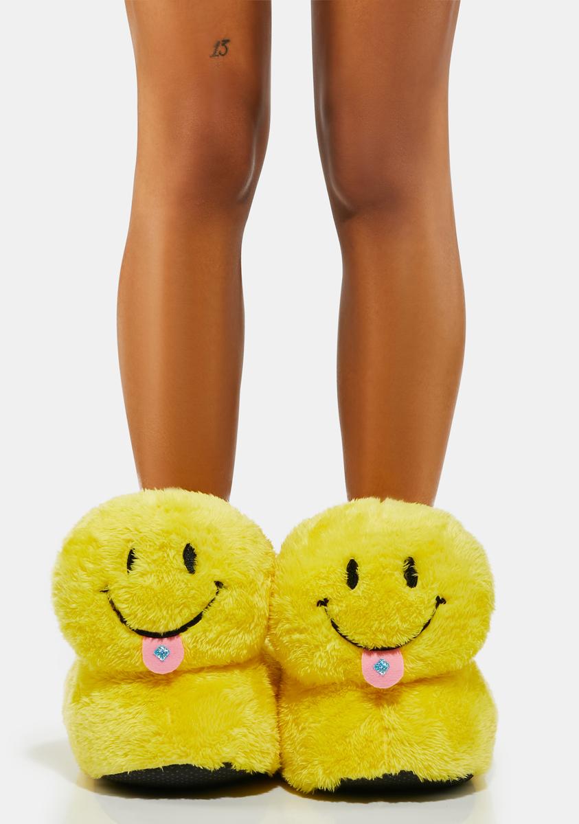Current Mood Acid Smiley Fuzzy Slippers - Yellow – Dolls Kill