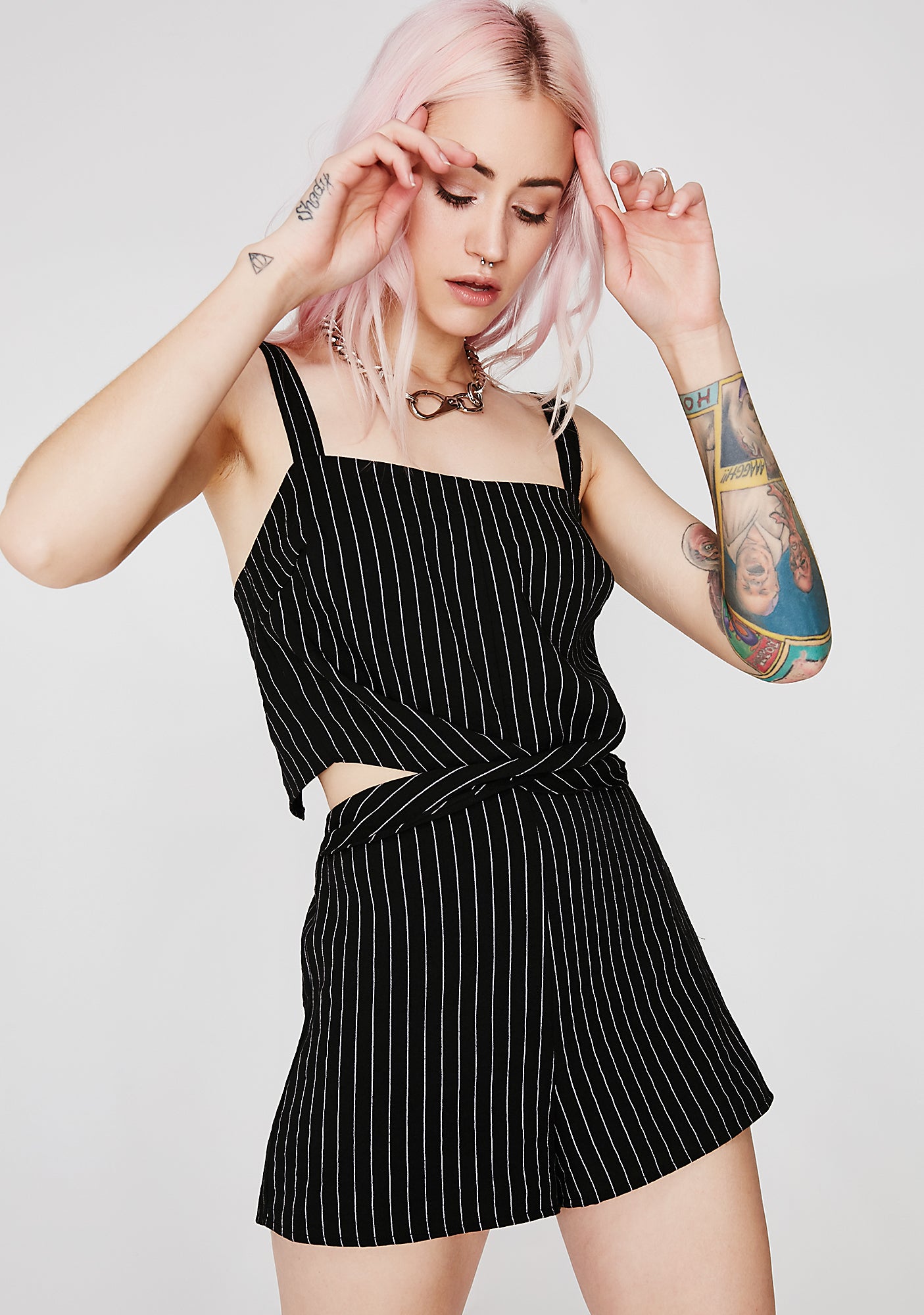 Pinstripe Cut Out Romper – Dolls Kill