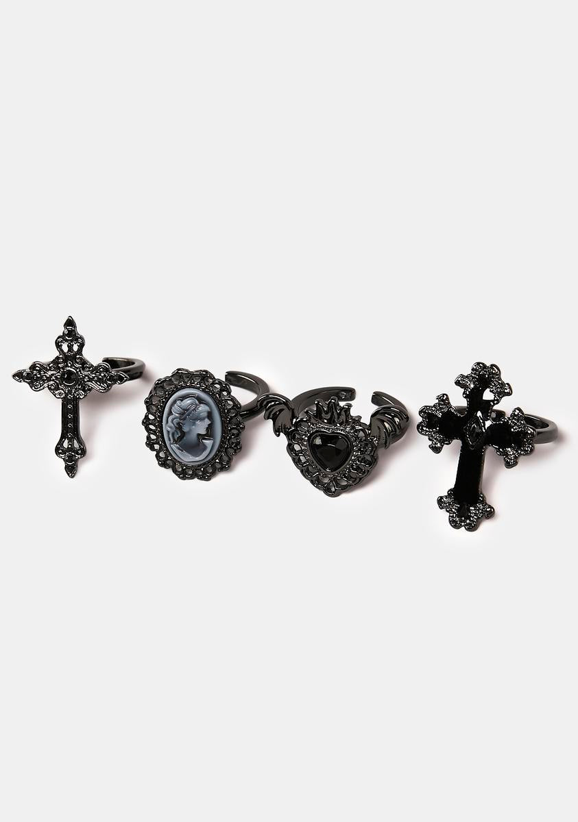 Cross Heart Cameo Ring Set - Silver – Dolls Kill