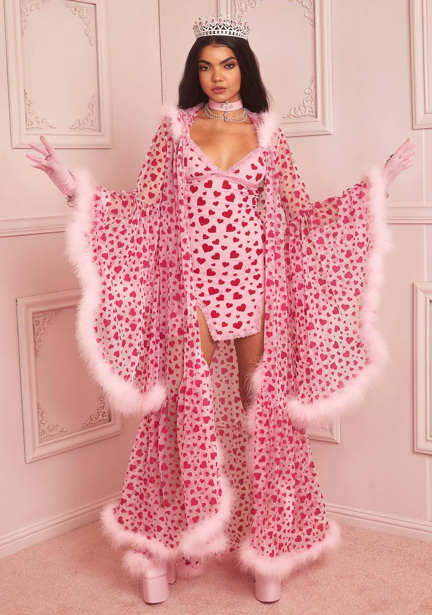Sugar Thrillz Flocked Heart Print Marabou Robe - Pink – Dolls Kill