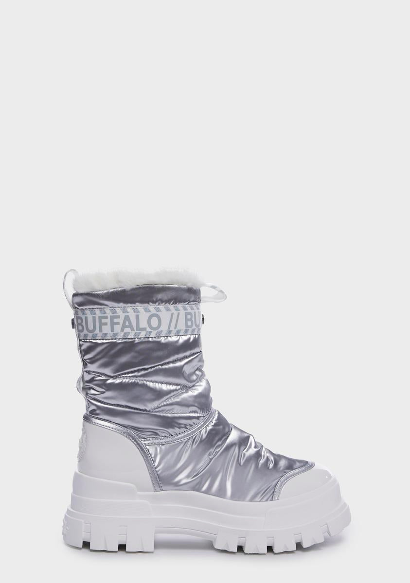 Buffalo Metallic Vegan Leather Faux Fur Snow Boots - Silver – Dolls Kill