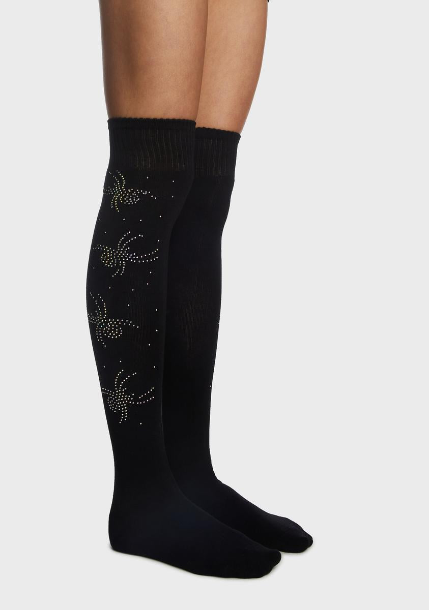 Rhinestone Embroidered Spider Knee High Socks - Black – Dolls Kill
