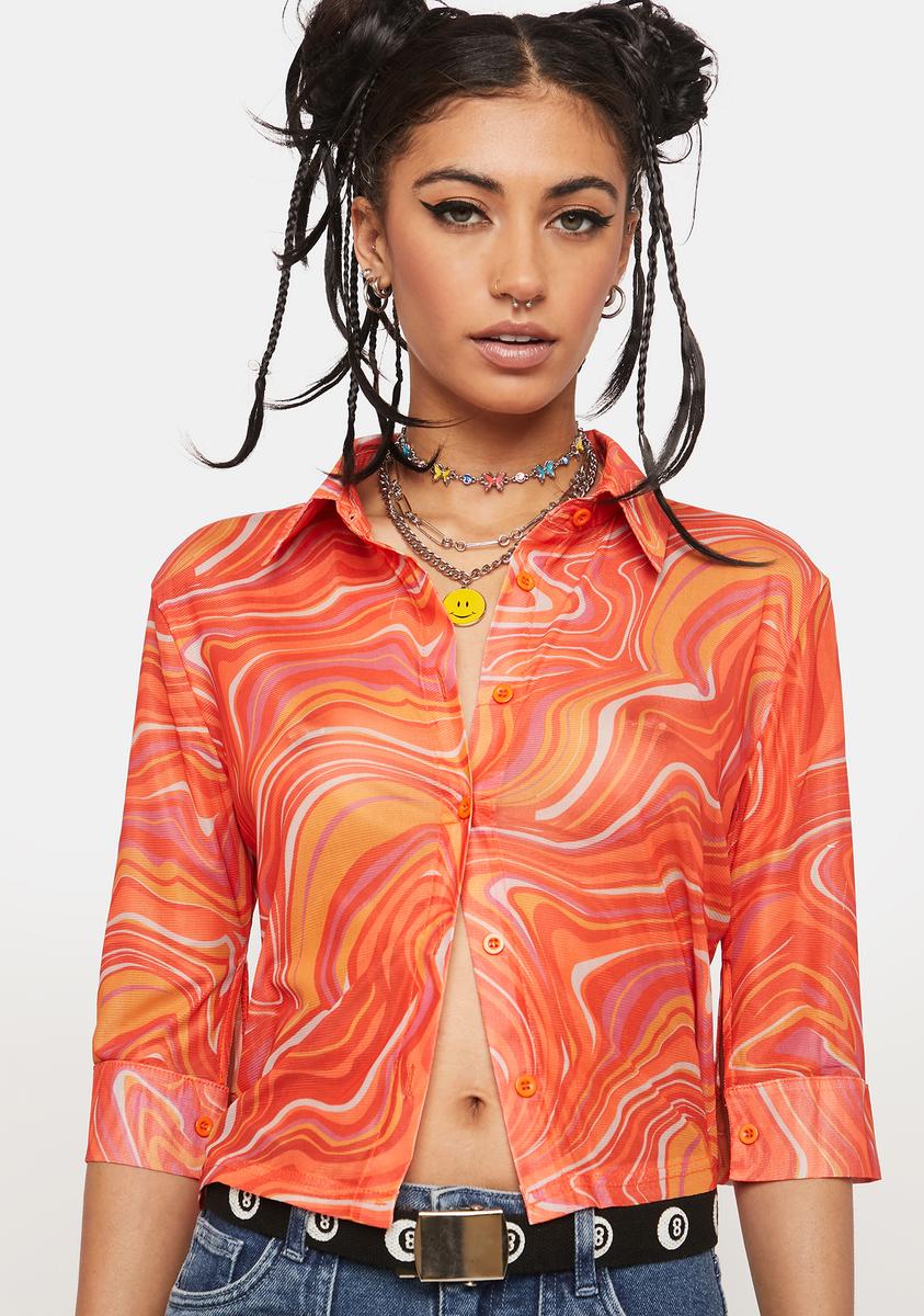 Trippy Print Collared Blouse - Orange – Dolls Kill