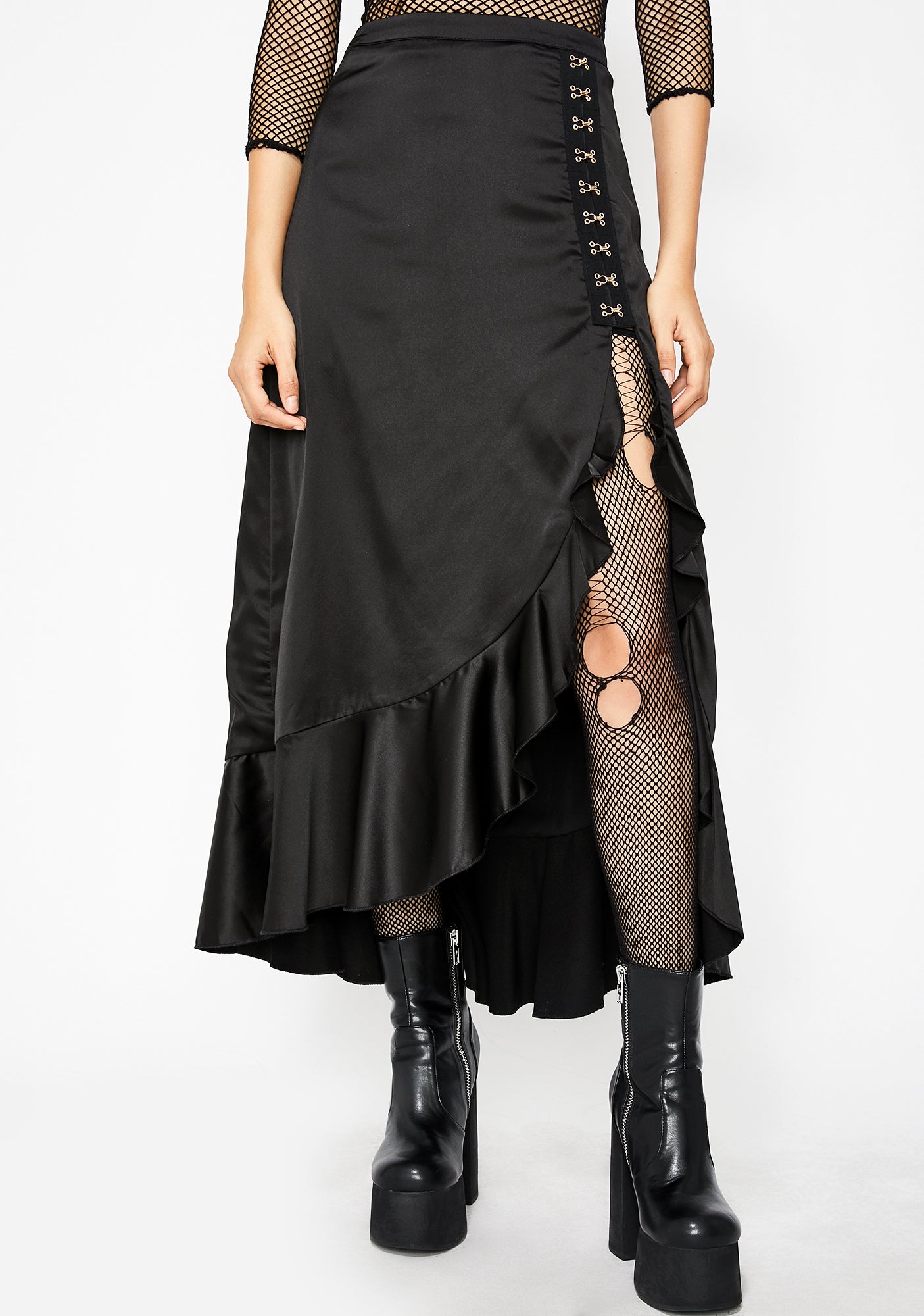 Black Satin Slit Midi Skirt – Dolls Kill
