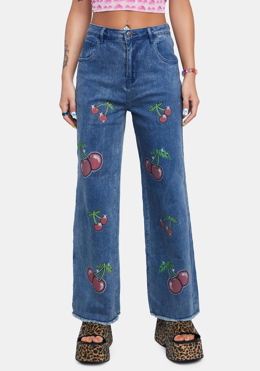 Delia's Low Rise Cherry Print Wide Leg Jeans - Blue – Dolls Kill