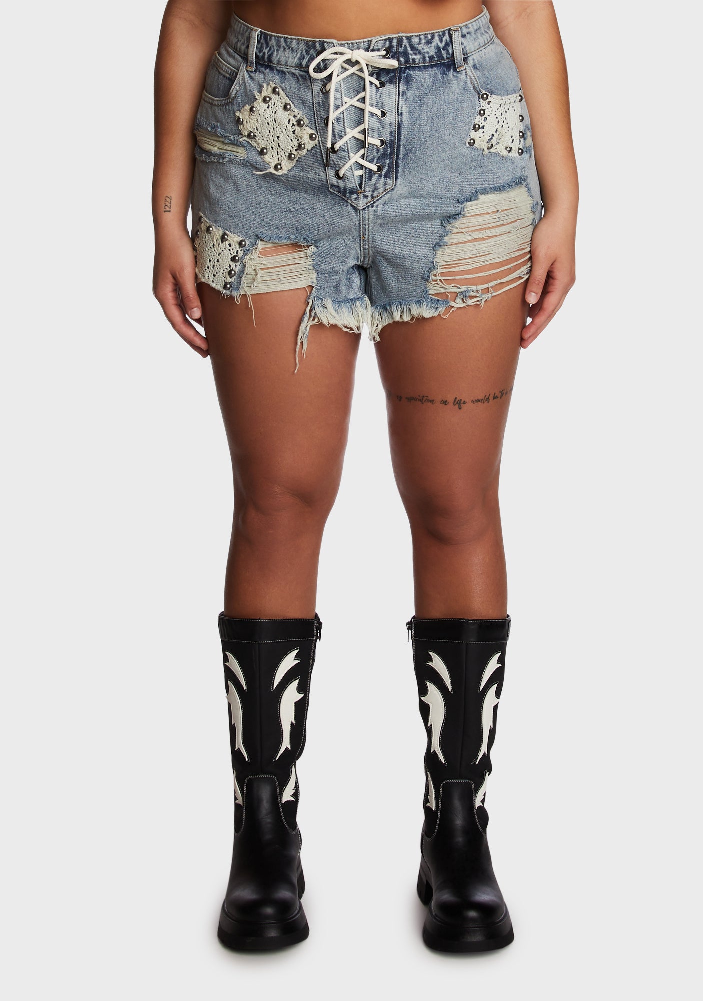Current Mood Plus Size Crochet Denim Stud Shorts - Blue – Dolls Kill