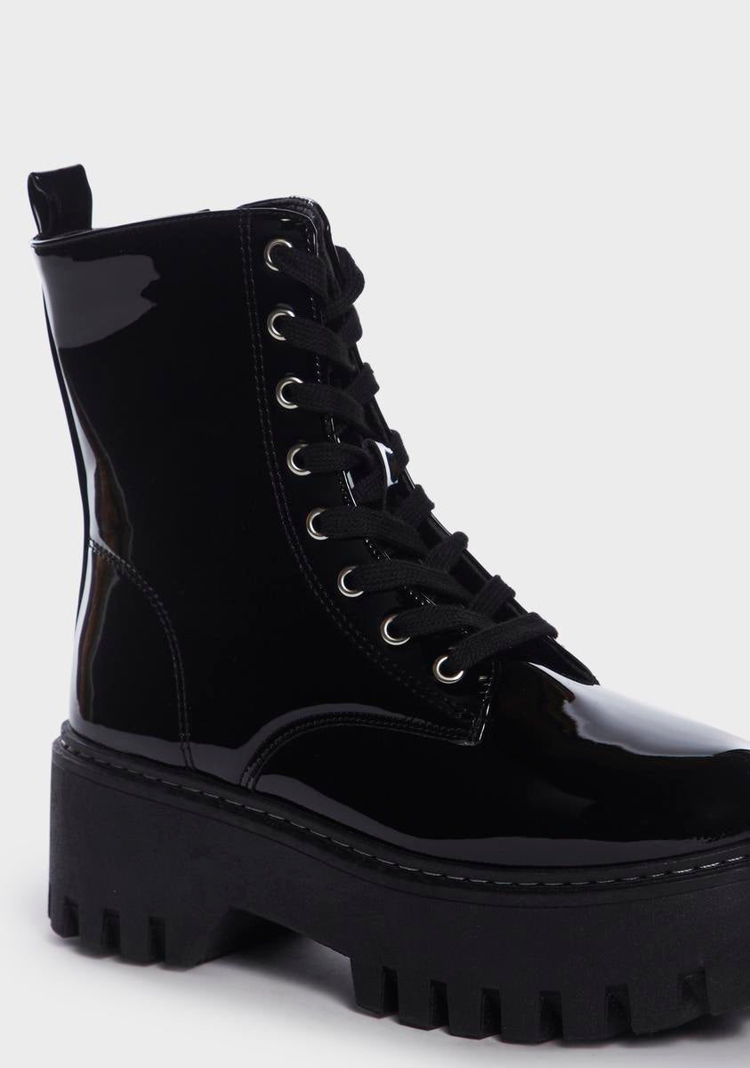 Patent Vegan Leather Platform Combat Boots Black Dolls Kill