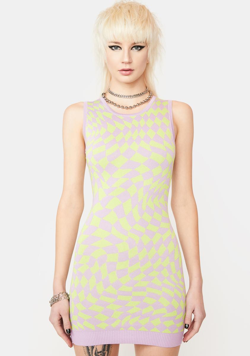 Trippy Checkered Print Knit Dress - Green/Purple – Dolls Kill