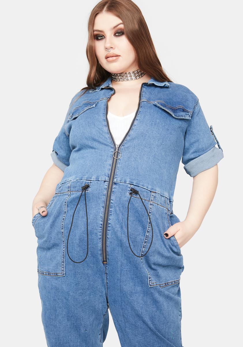 Plus Size Cinched Waist Zip Up Medium Wash Denim Jumpsuit - Blue ...