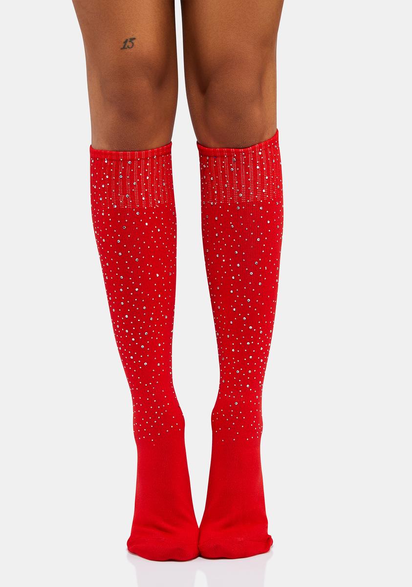 Knee High Socks With Embellished Rhinestones - Red – Dolls Kill