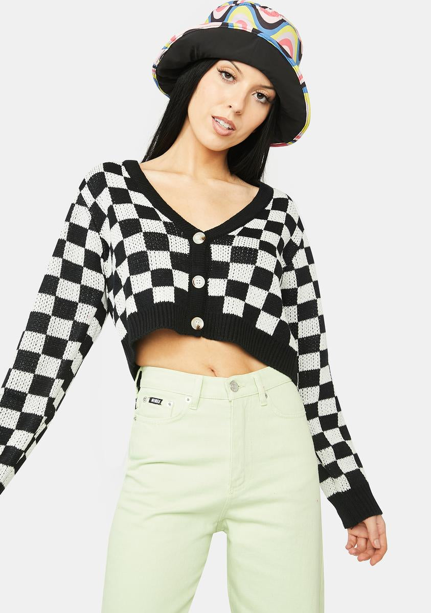 Checkered Print Knitted Crop V Neck Cardigan - Black/White – Dolls Kill