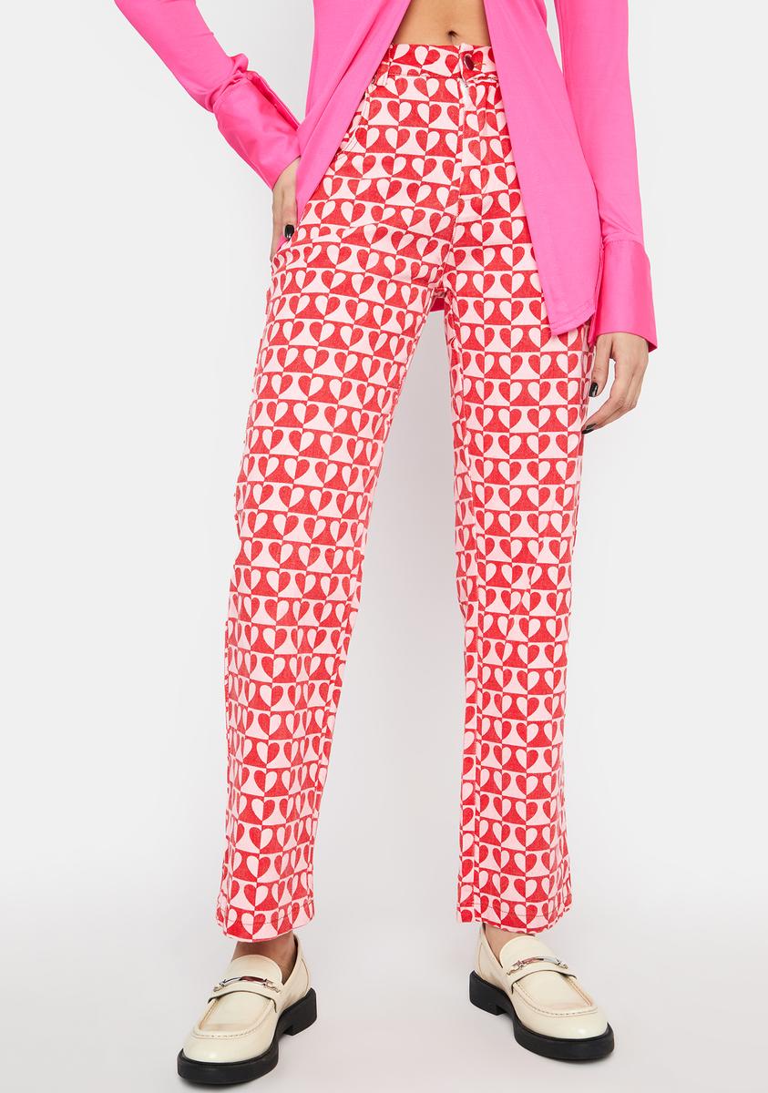 Heart Print Mid Waist Pants - Red/Pink – Dolls Kill