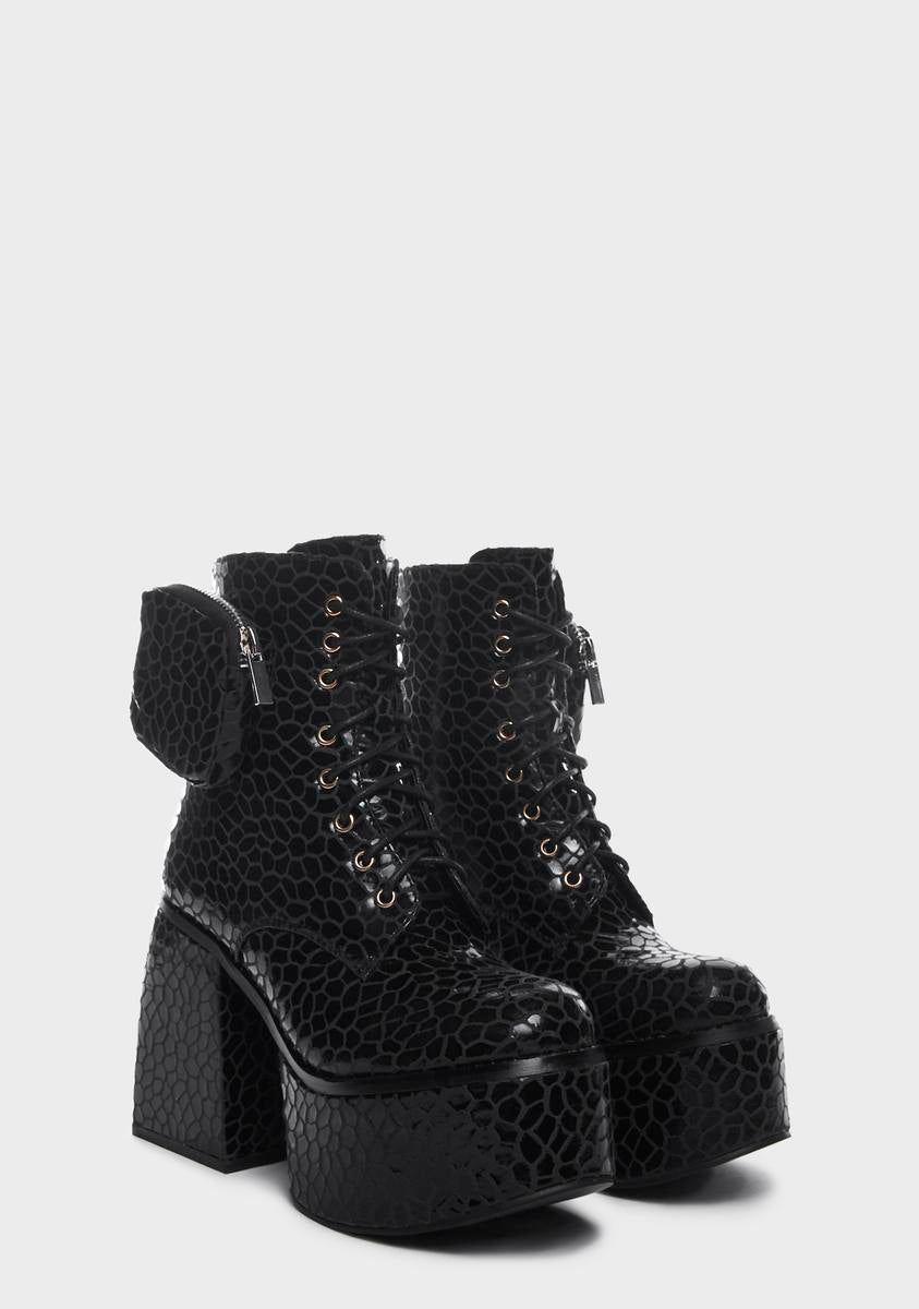 Vegan Leather Croc Zipper Pocket Platform Boots - Black#N##N# – Dolls Kill
