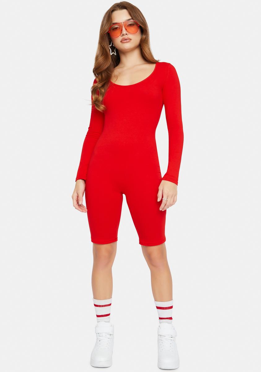 Long Sleeve Bike Short Romper - Red – Dolls Kill