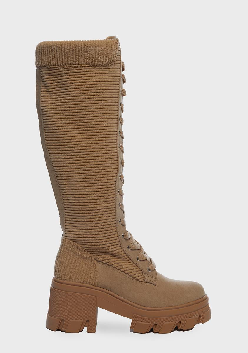Ribbed Faux Suede Combat Boots - Tan – Dolls Kill