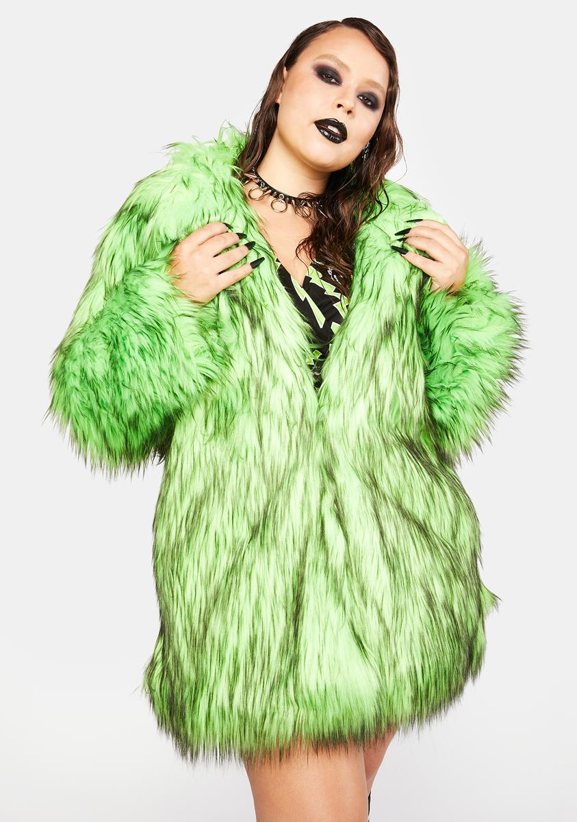 Plus Size Dolls Kill X Monsters Shaggy Faux Fur Oversized Coat - Green