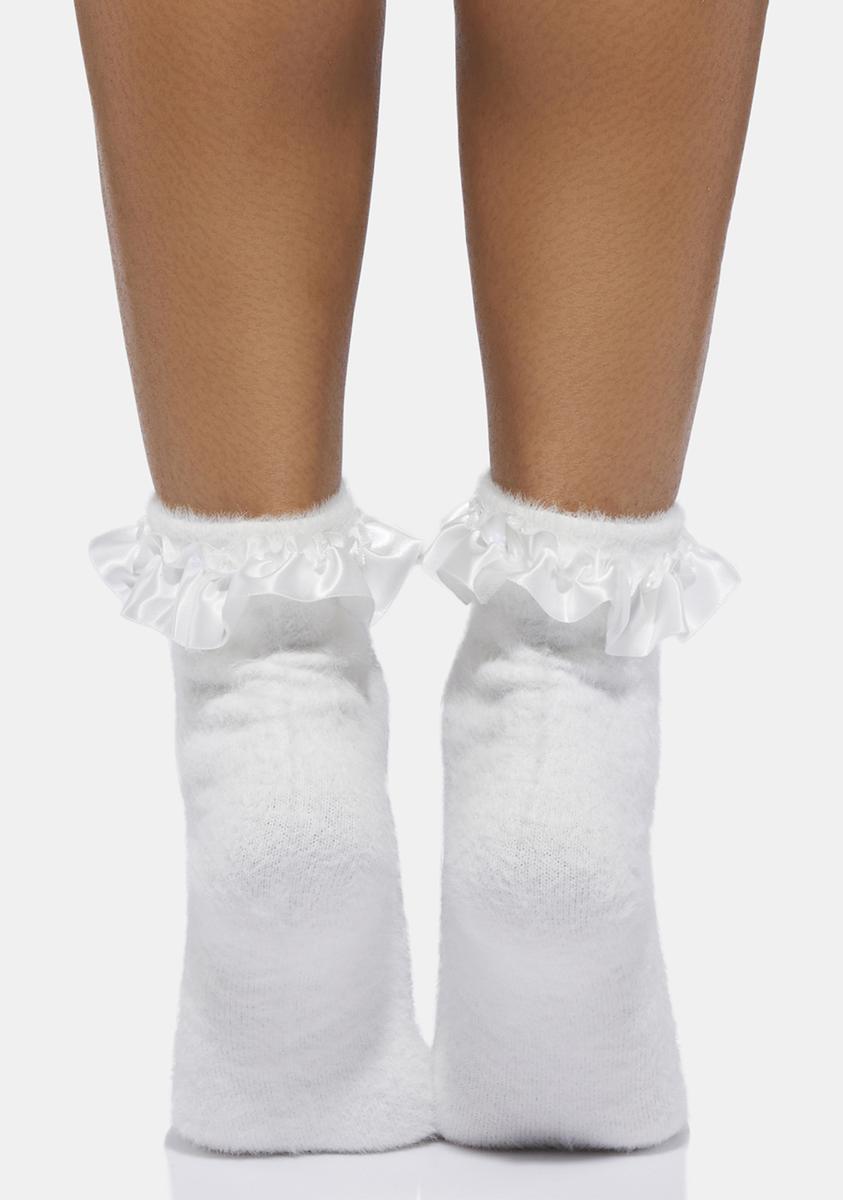 Fuzzy Satin Ruffle Trim Ankle Socks White Dolls Kill