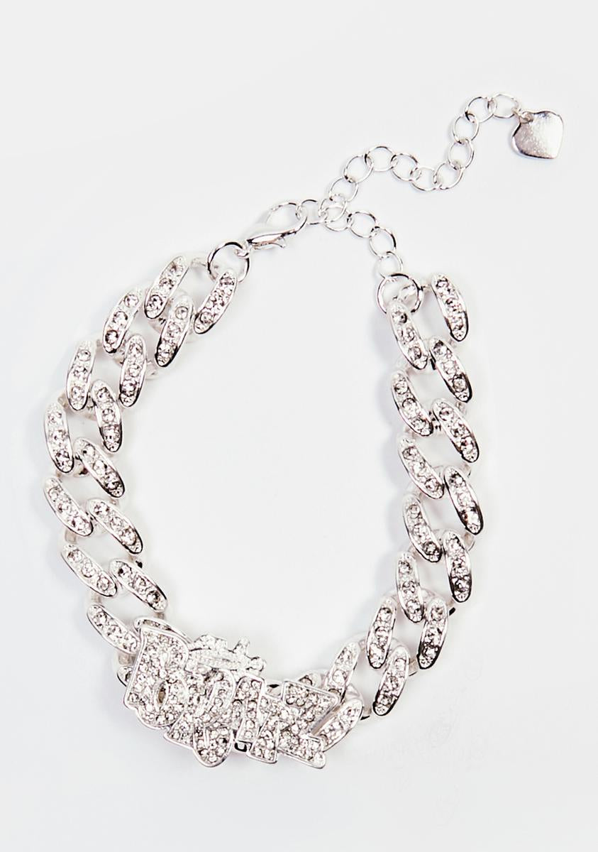 Dolls Kill X Bratz Rhinestone Chain Link Logo Anklet - Silver