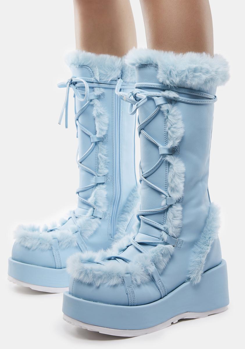 Demonia Cubby-311 Faux Fur Trim Knee High Boots - Baby Blue – Dolls Kill