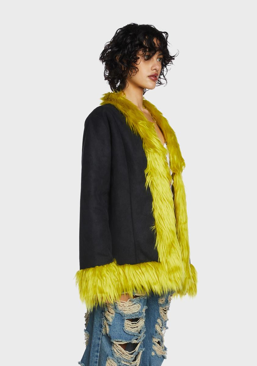 The Ragged Priest Faux Fur Trim Coat - Black/Yellow – Dolls Kill