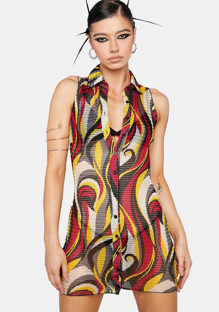 Multi-Colored Wavy Print Collared Neck Netted Mini Dress- Red/Yellow ...