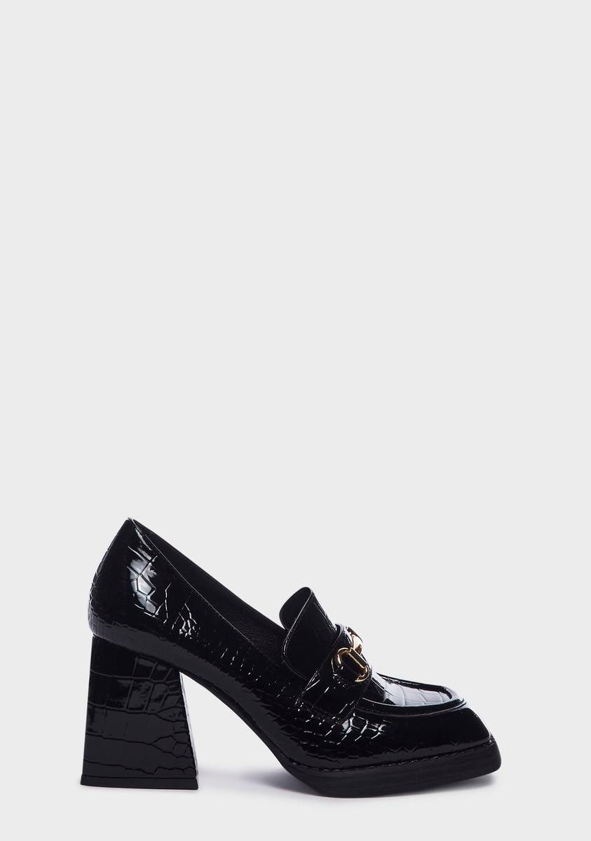 Shellys London Patent Croc Texture Heeled Loafers - Black – Dolls Kill
