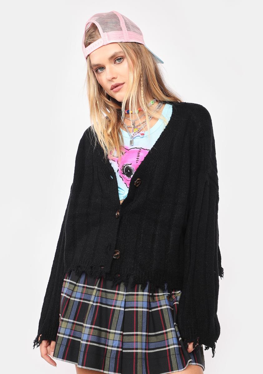 Distressed Knit Crop Cardigan - Black – Dolls Kill