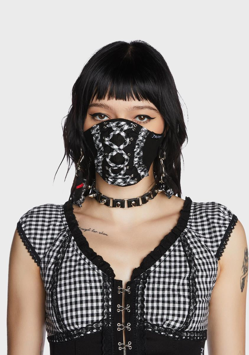 Tripp NYC Gingham Lace Up Face Mask - Black/White – Dolls Kill