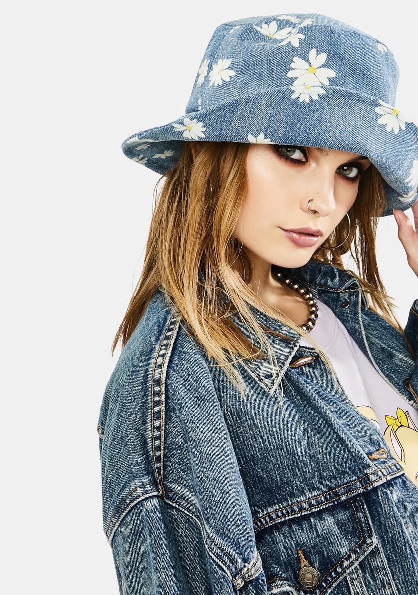 Floral Print Denim Bucket Hat - Mid Blue – Dolls Kill
