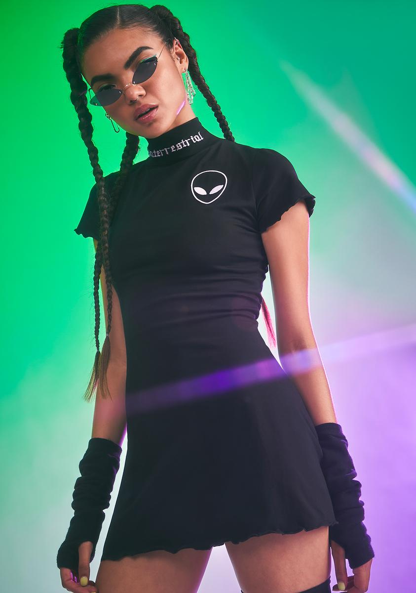 Horoscopez Taurus Mock Neck Embroidered Alien Mini Dress - Black ...