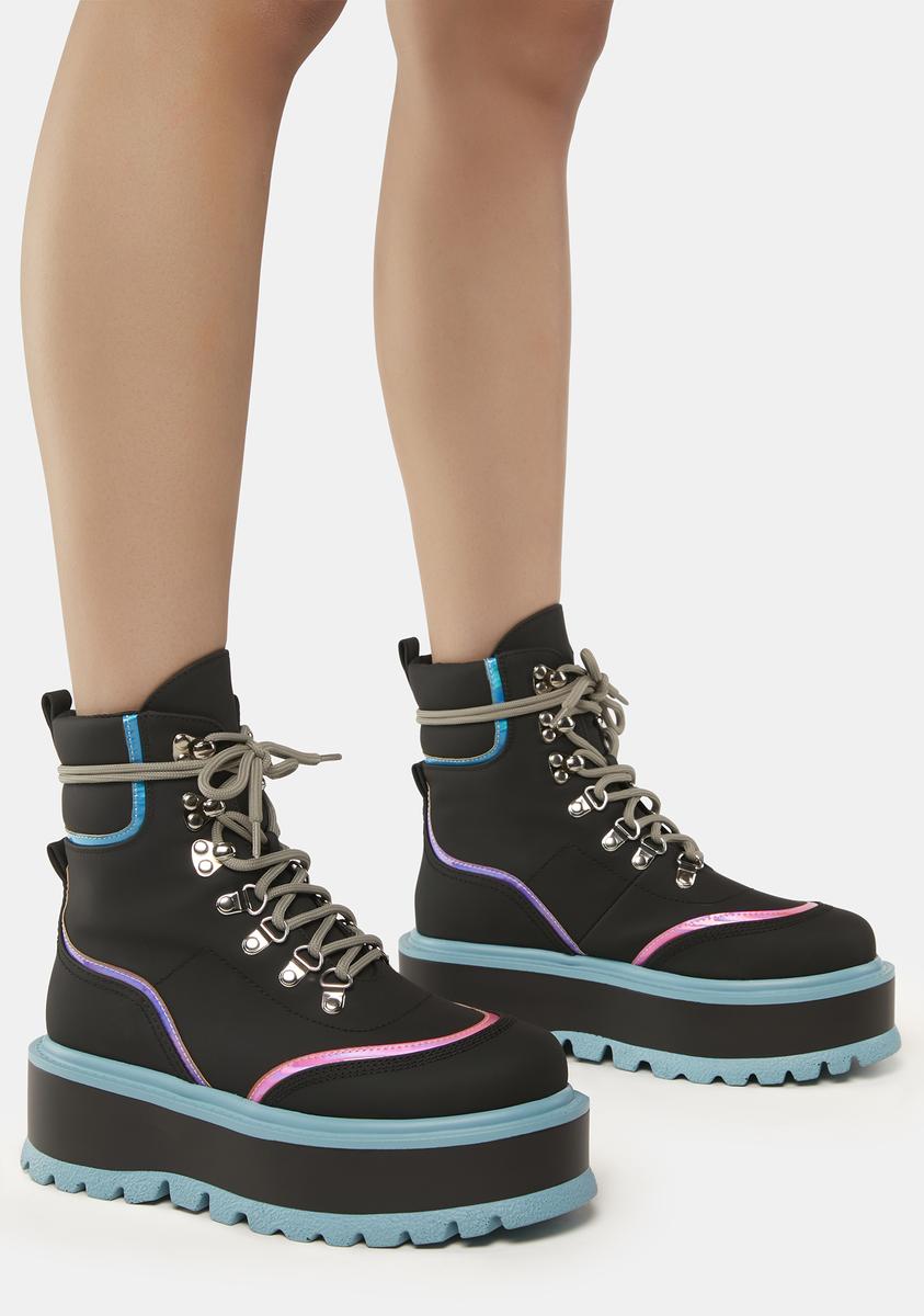 Koi Footwear Holographic Piping Platform Boots - Black/Turquoise ...