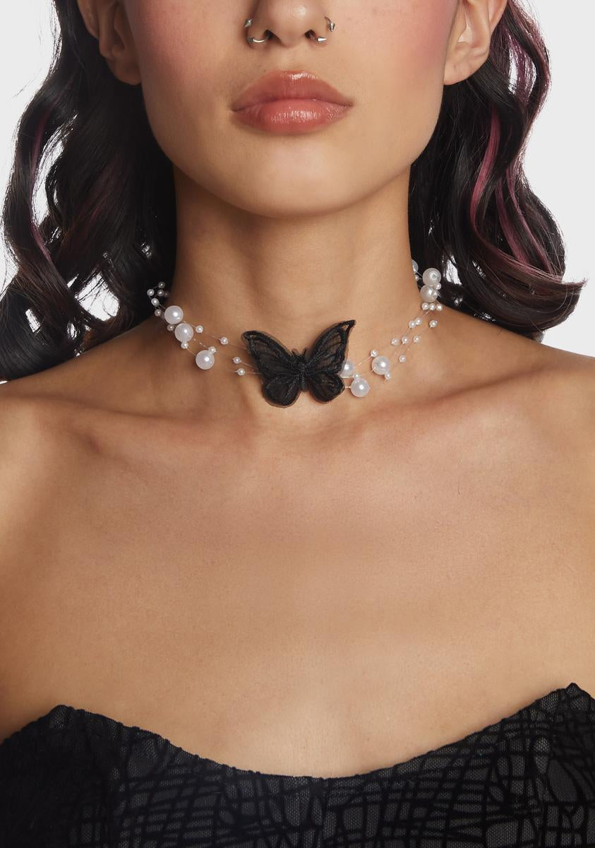 Pearl Butterfly Choker Necklace - Black/White – Dolls Kill