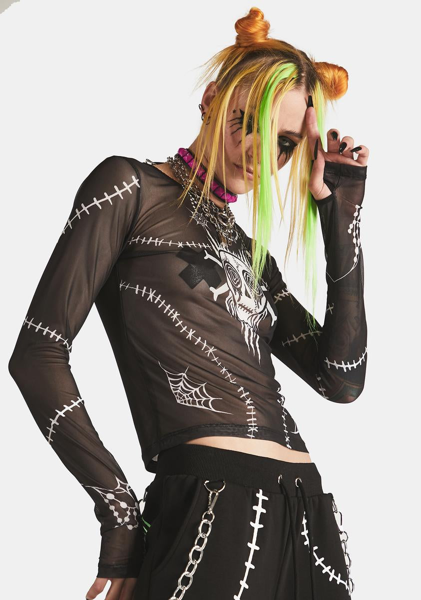 Dolls Kill X Broken Brainz Skull Print Stitching Mesh Top - Black
