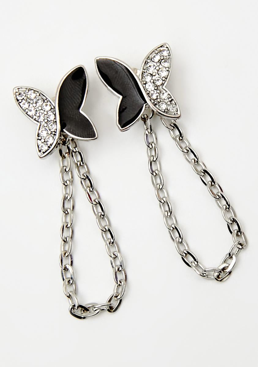 Rhinestone Butterfly Chain Link Earrings - Silver – Dolls Kill