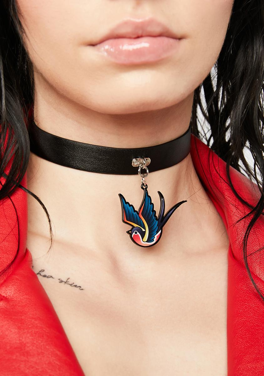 Bird Charm Vegan Leather Choker Necklace - Black – Dolls Kill