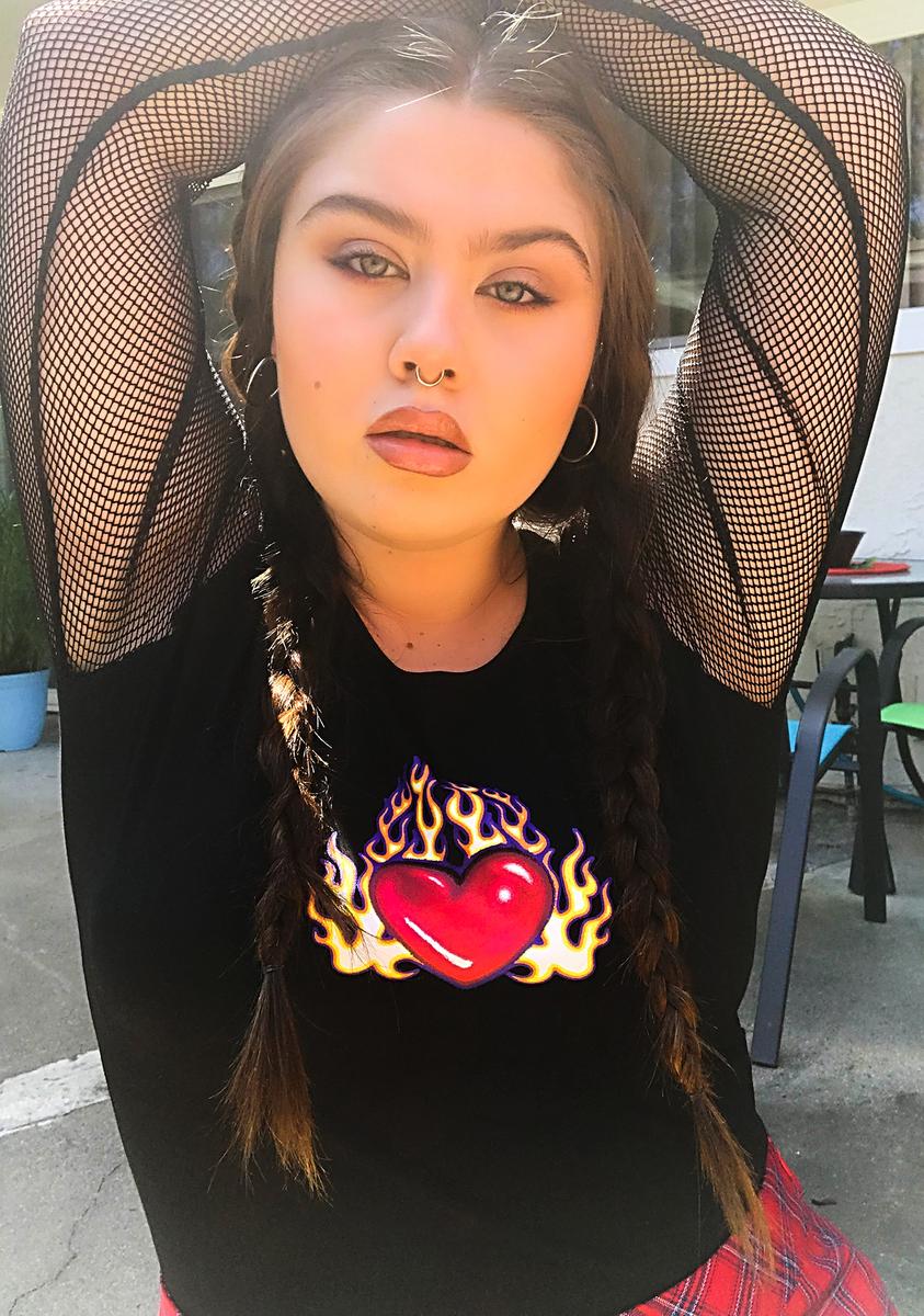 Plus Size Delia’s Graphic Flaming Heart Fishnet Long Sleeve Tee - Black ...