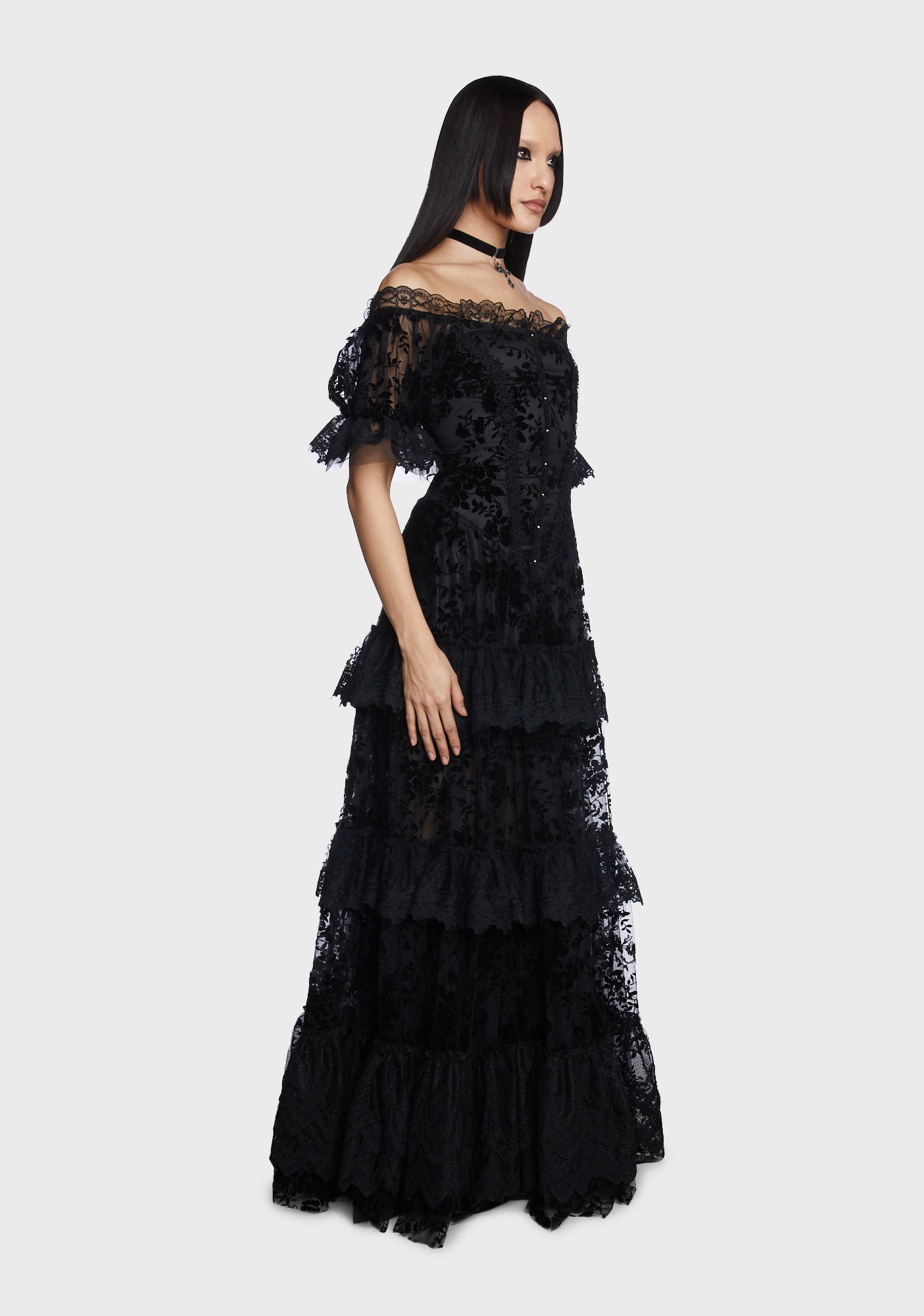 Punk Rave Lace Off Shoulder Maxi Dress - Black – Dolls Kill