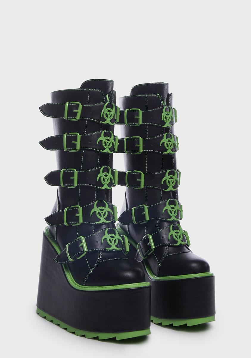 YRU Toxic Symbol Buckle Platform Boots - Black/Green – Dolls Kill
